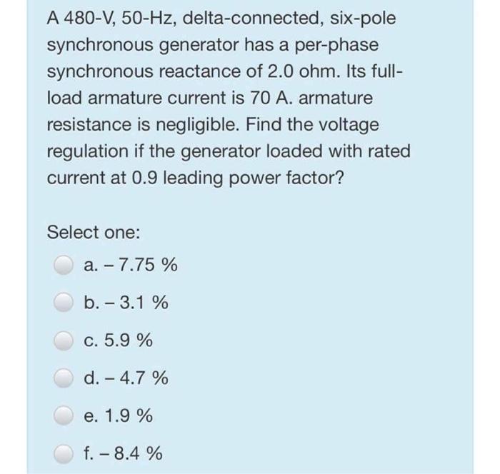 Solved A 480-V, 50-Hz, delta-connected, six-pole synchronous | Chegg.com