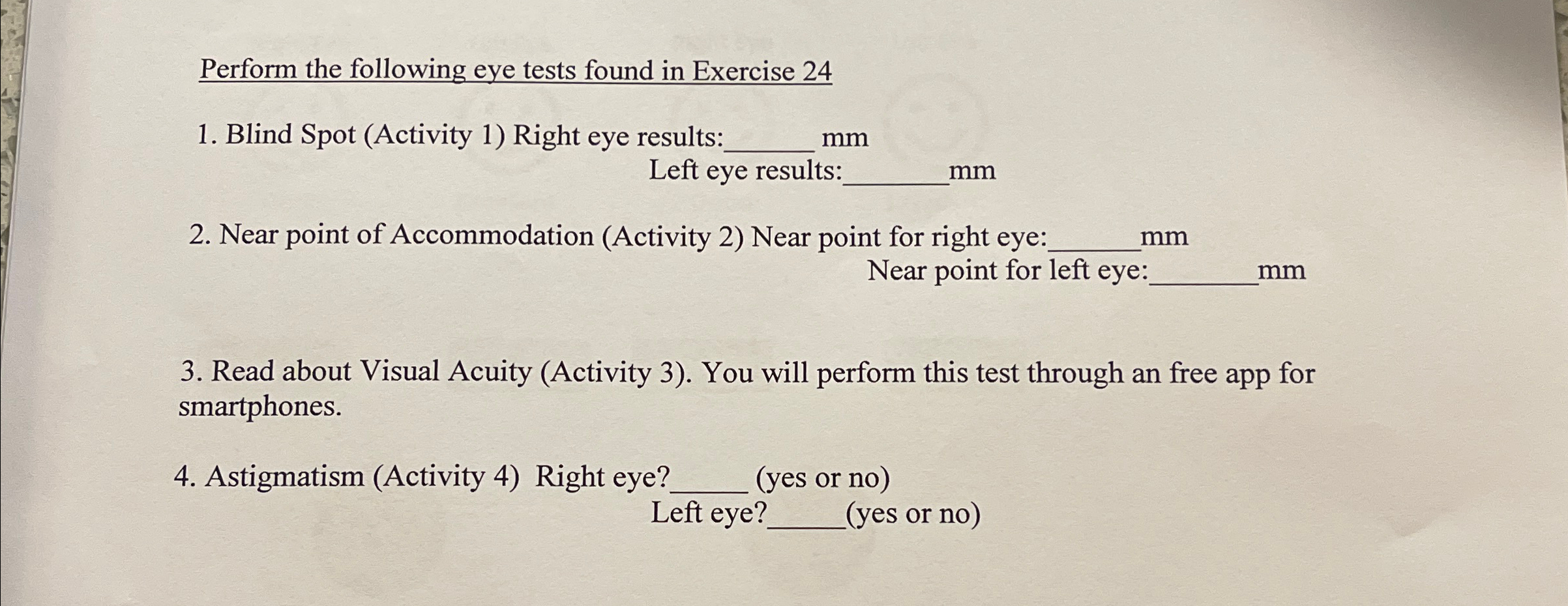 Solved Perform the following eye tests found in Exercise | Chegg.com
