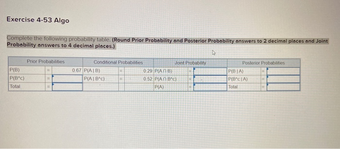 Solved Exercise 4-53 Algo Complete the following probability | Chegg.com