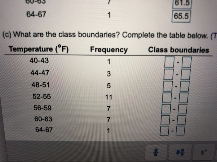 Solved 61.5 64-67 1 65.5 (c) What are the class boundaries? | Chegg.com