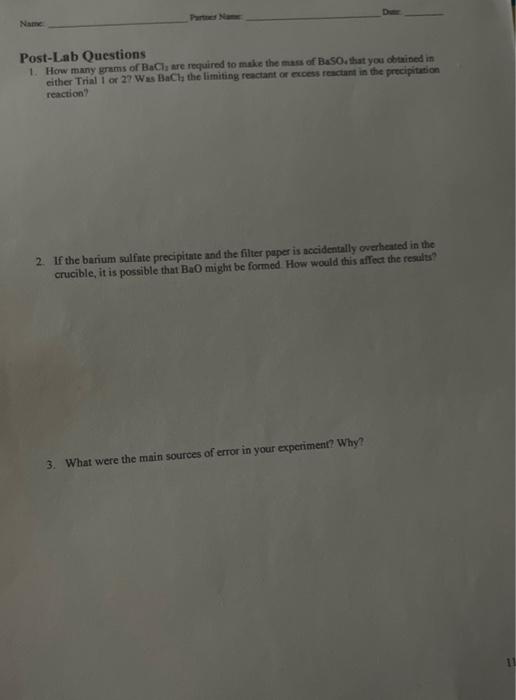 Solved Name: Tिrtary Nawer Duer Post-Lab Questions 1. How | Chegg.com