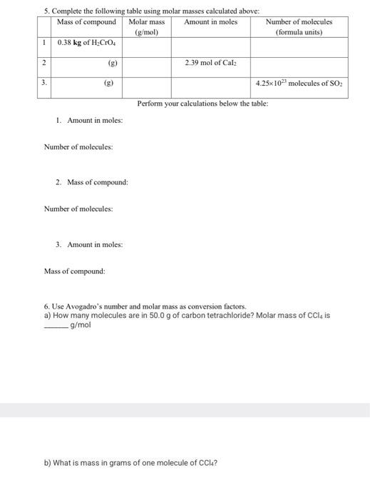 Solved 5. Complete the following table using molar masses | Chegg.com