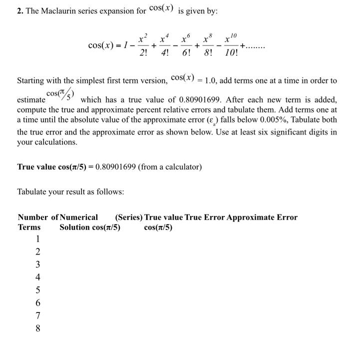 Solved 2. The Maclaurin series expansion for cos(x) is given | Chegg.com