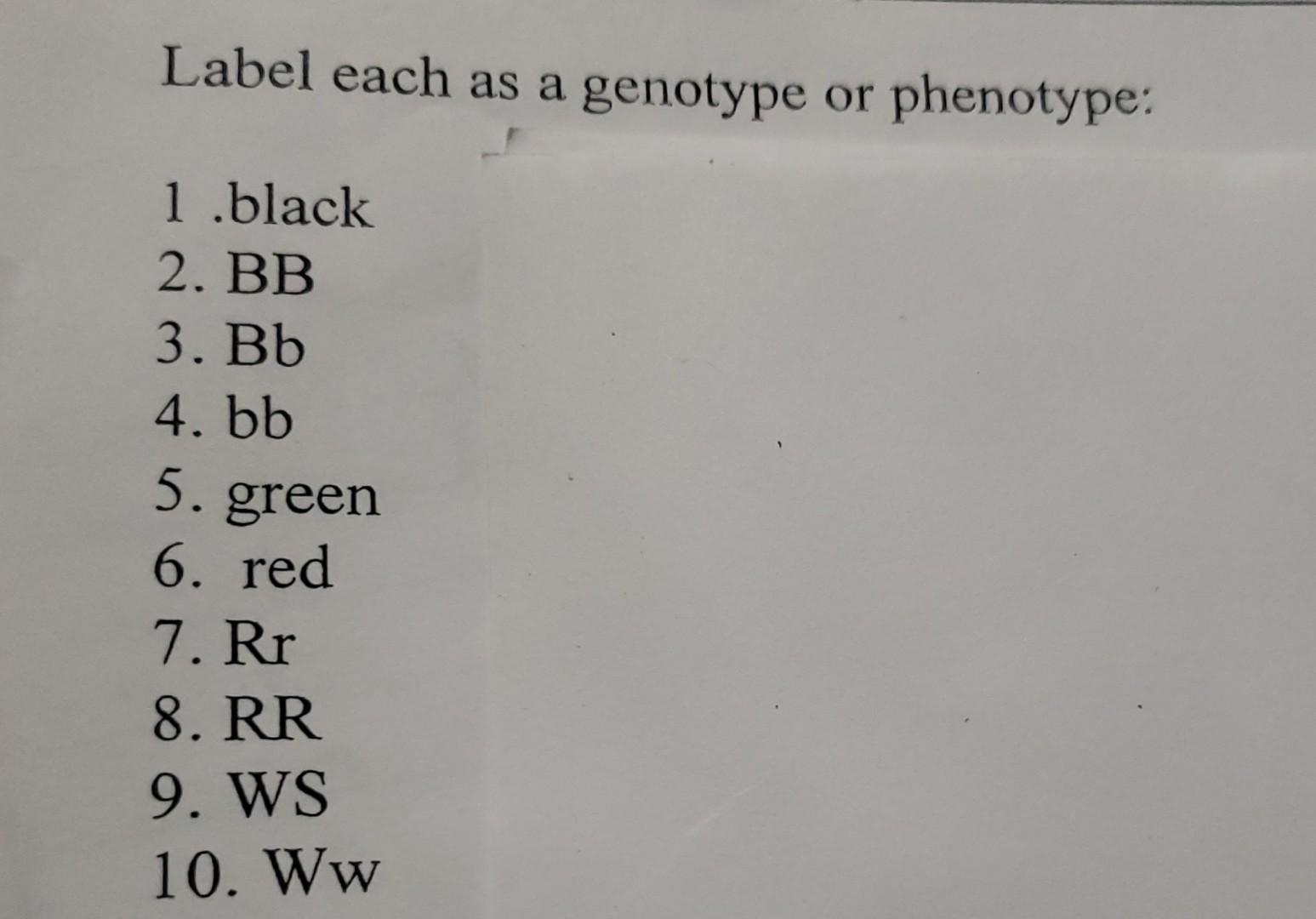 Solved Label each as a genotype or phenotype: 1 .black 2. BB | Chegg.com