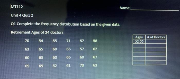 Solved |MT112 Name: Unit 4 Quiz 2 Q1 Complete the frequency | Chegg.com