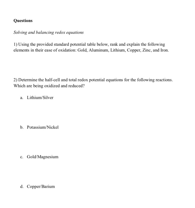 Solved STANDARD REDUCTION POTENTIALS IN AQUEOUS SOLUTION AT | Chegg.com