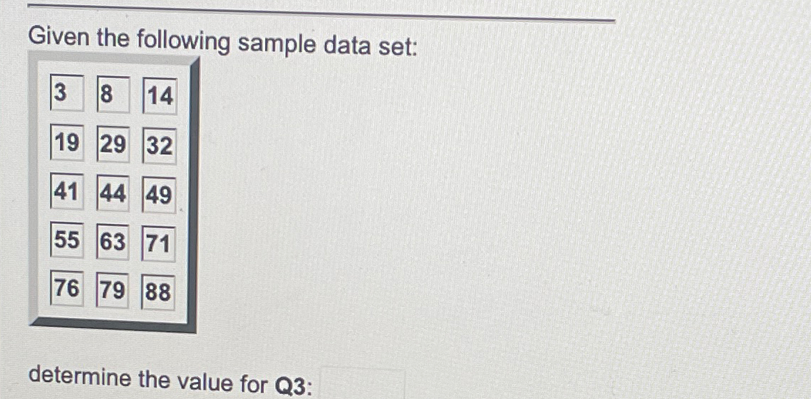 Solved Given the following sample data set:\table[[3,8,14 | Chegg.com