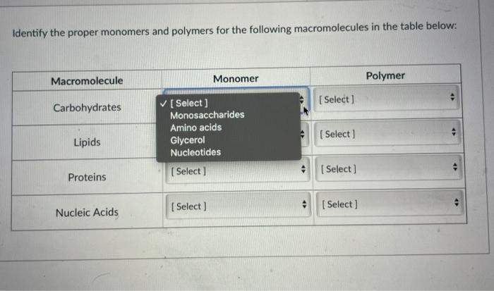Solved Identify the proper monomers and polymers for the | Chegg.com