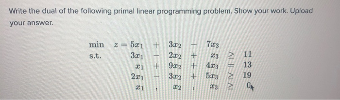 Solved Write the dual of the following primal linear | Chegg.com