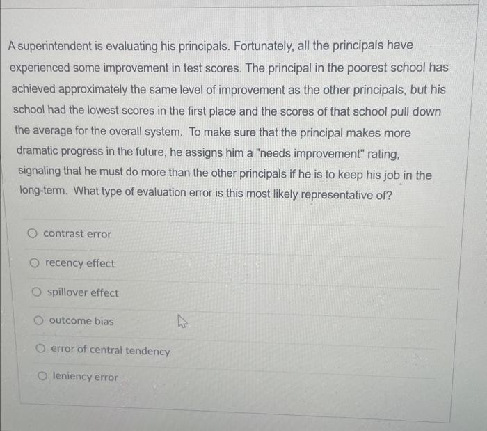 Solved A superintendent is evaluating his principals. | Chegg.com
