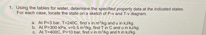 Solved 1. Using the tables for water, determine the | Chegg.com
