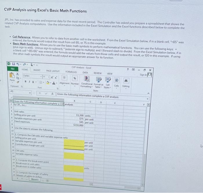 Solved CVP Analysis using Excel's Basic Math Functions JPL, | Chegg.com