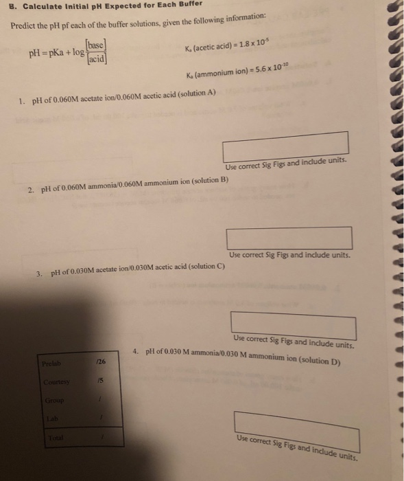 Solved B. Calculate Initial pH Expected for Each Buffer | Chegg.com