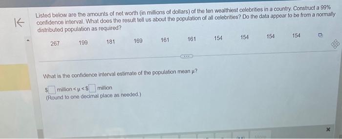 Solved Listed below are the amounts of net worth (in | Chegg.com