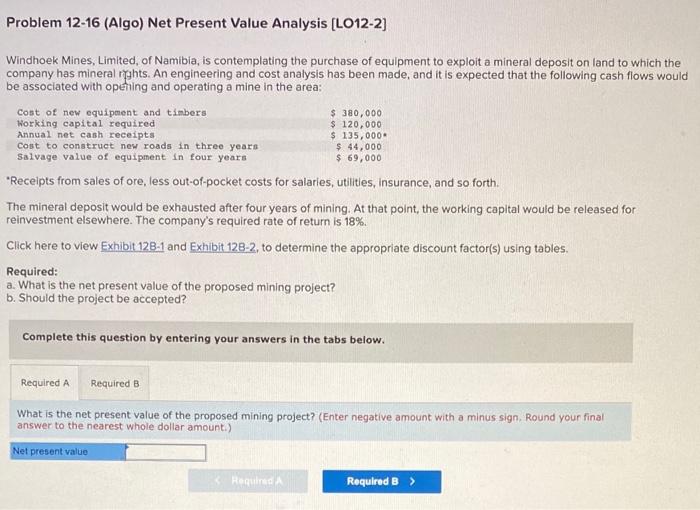 Solved Problem 12-16 (Algo) Net Present Value Analysis | Chegg.com
