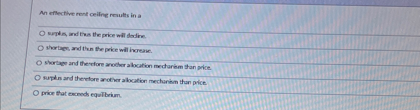 Solved An effective rent ceiling results in asurplus, and | Chegg.com