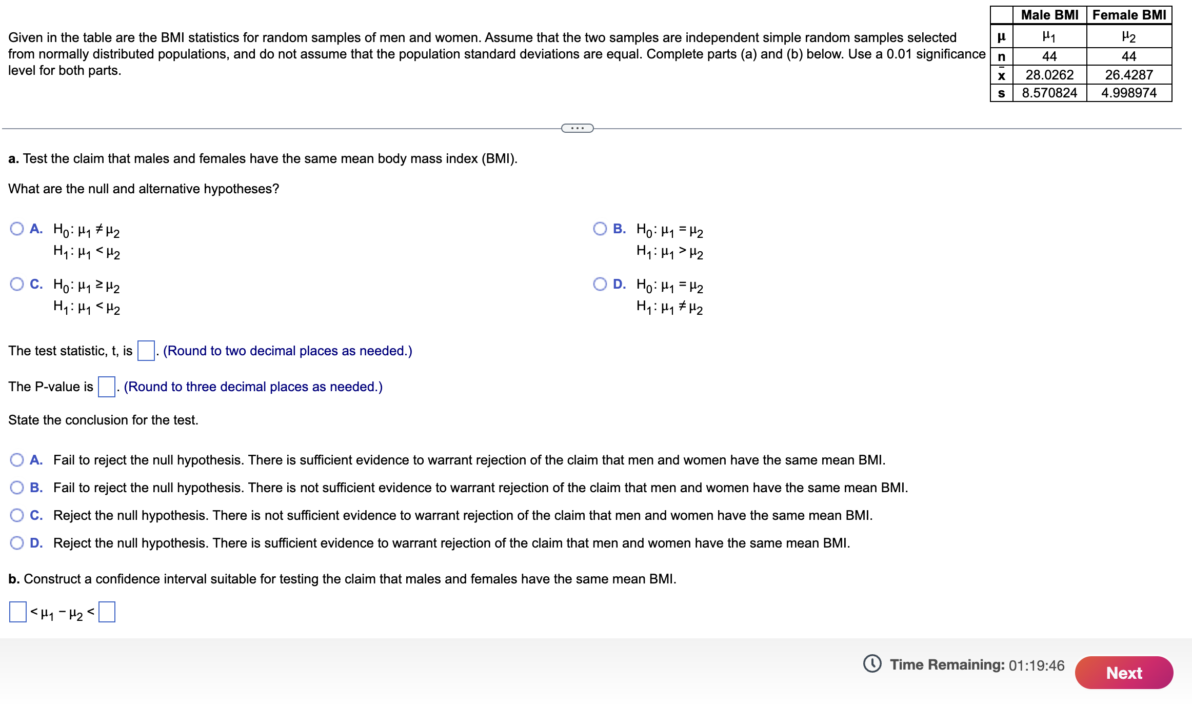 Solved Given in the table are the BMI statistics for random | Chegg.com