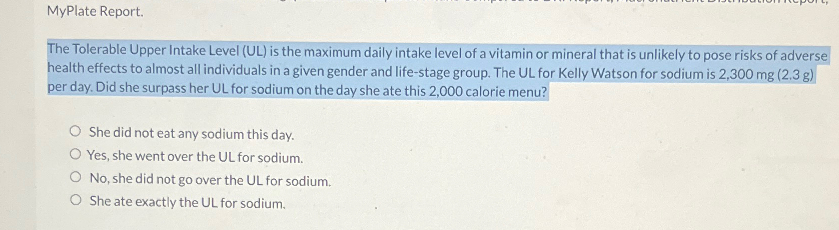 Solved MyPlate Report.The Tolerable Upper Intake Level (UL) | Chegg.com