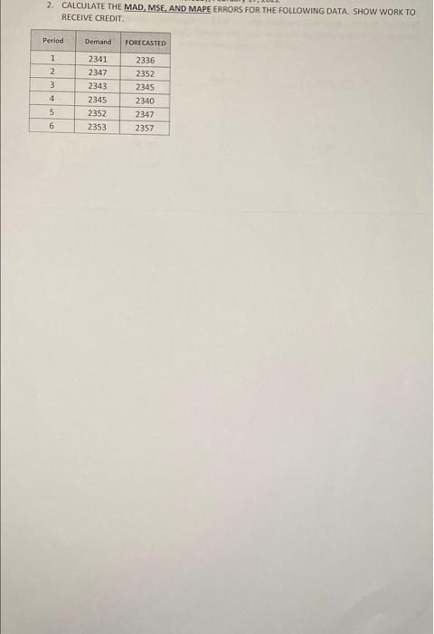 Solved 2. CALCULATE THE MAD MSE, AND MAPE ERRORS FOR THE | Chegg.com