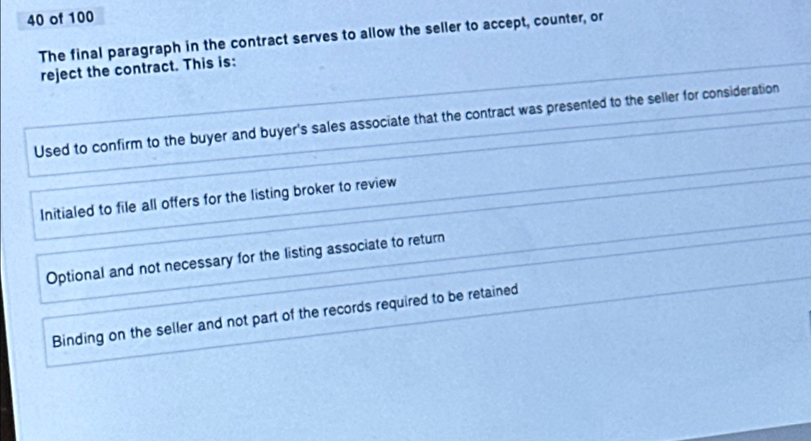 Solved 40 ﻿of 100The final paragraph in the contract serves | Chegg.com
