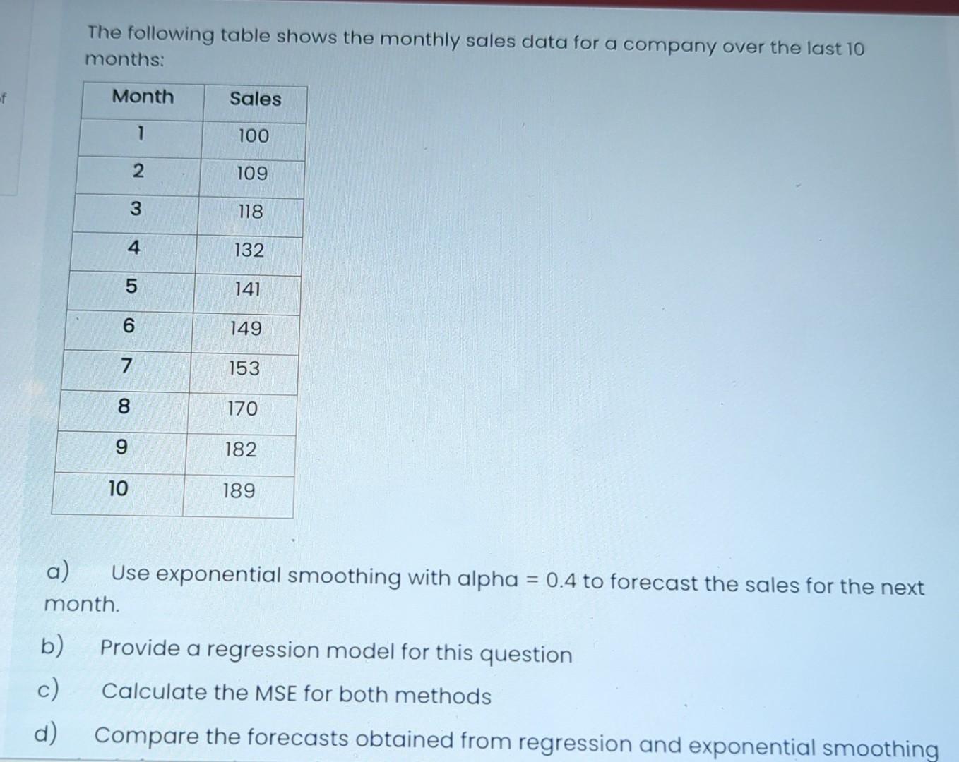 Solved The following table shows the monthly sales data for | Chegg.com