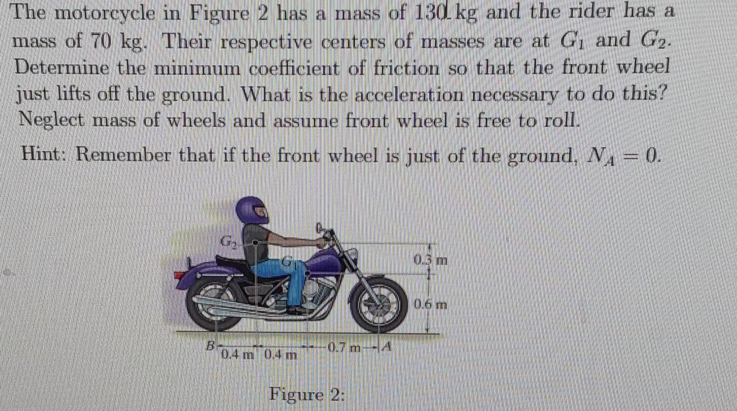 Solved The motorcycle in Figure 2 has a mass of 130 kg and | Chegg.com