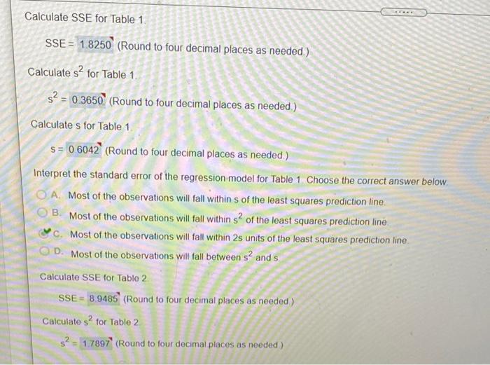 Solved Calculate SSE for Table 1 SSE= 1.8250 (Round to four | Chegg.com