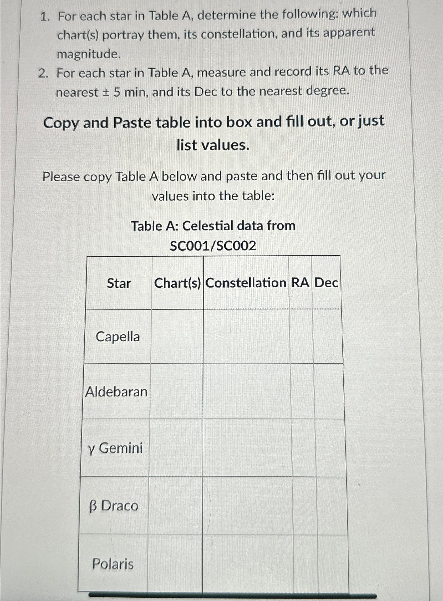 Solved For each star in Table A, ﻿determine the following: | Chegg.com