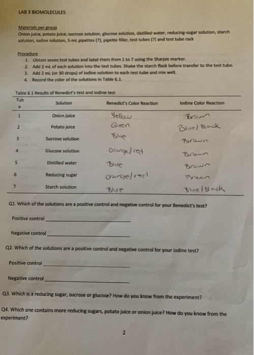 Solved LAB 3 BIOMOLECULES Materials per group Onion juice, | Chegg.com