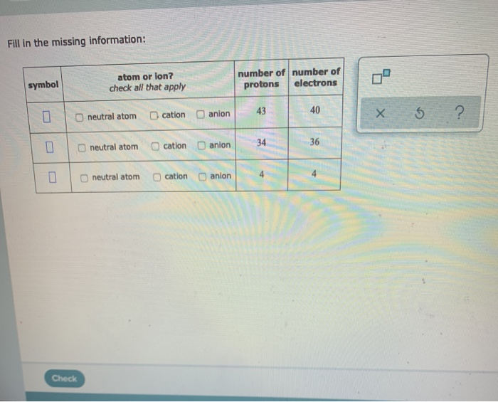 Solved Fill in the missing information: atom or lon? check | Chegg.com
