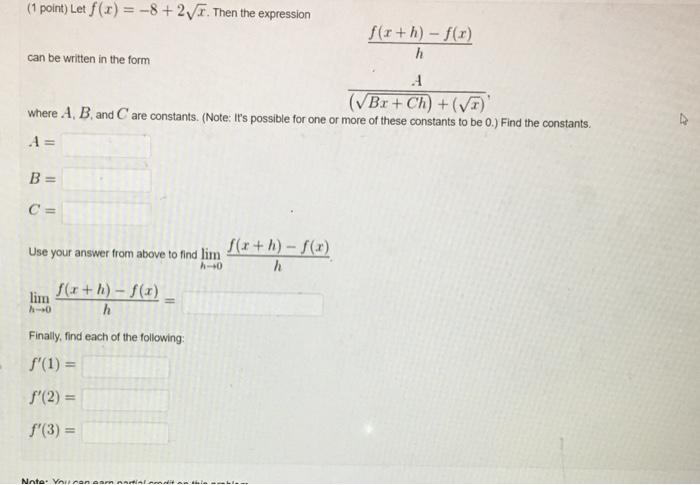 Solved (1 point) Let f(x)=4+x5 (a) Find f′(x). f′(x)= (b) | Chegg.com