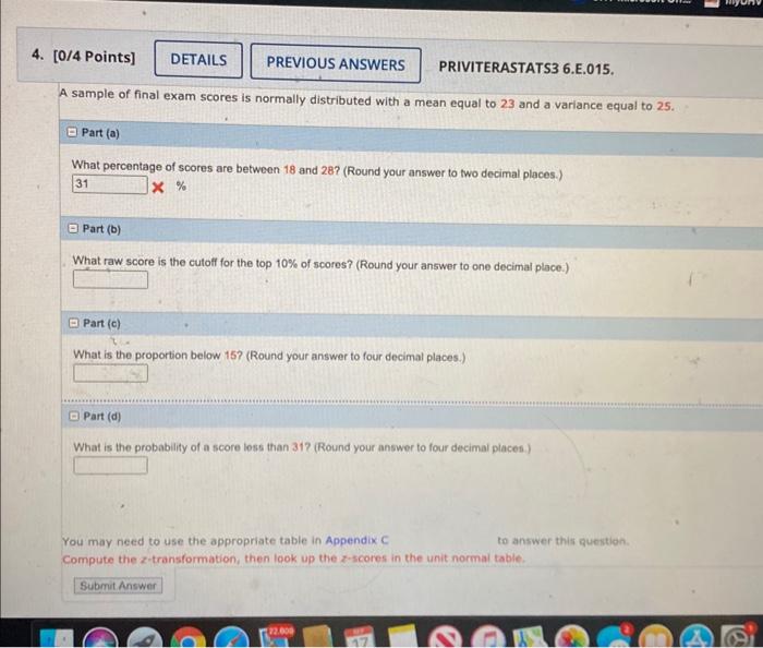 Solved a sample of final exam scores is normally distributed | Chegg.com