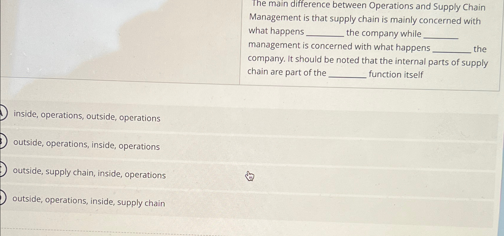 Solved The main difference between Operations and Supply | Chegg.com