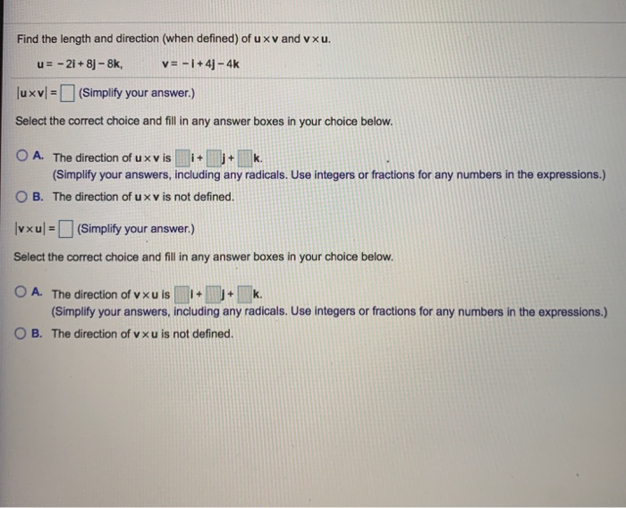 Solved Find the length and direction (when defined) of u xv | Chegg.com
