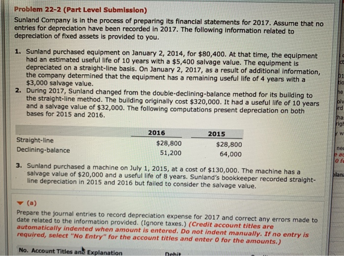 Solved Problem 22-2 (Part Level Submission) Sunland Company | Chegg.com