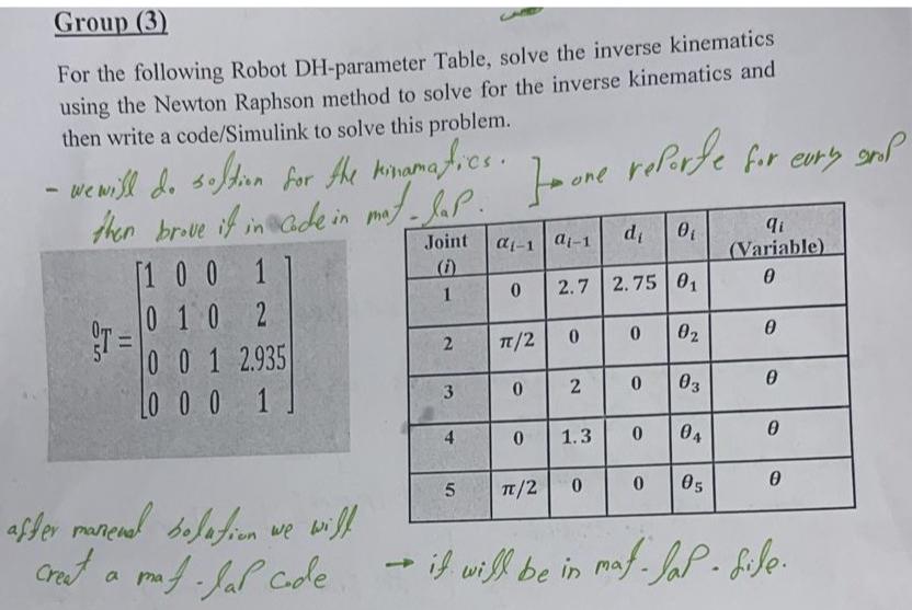 Solved Group 3for The Following Robot Dh Parameter Table 5141