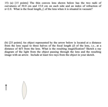 Solved (a) [15 ﻿points] ﻿The thin convex lens shown below | Chegg.com