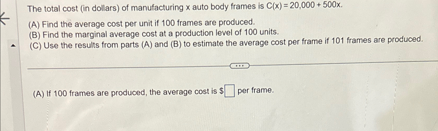 Solved The total cost (in dollars) ﻿of manufacturing x ﻿auto | Chegg.com