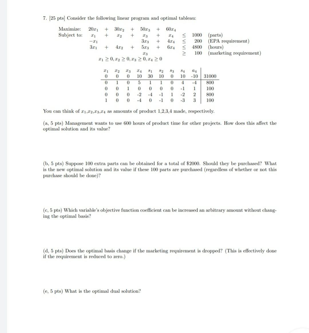 Solved 7. [25 pts] Consider the following linear program and | Chegg.com
