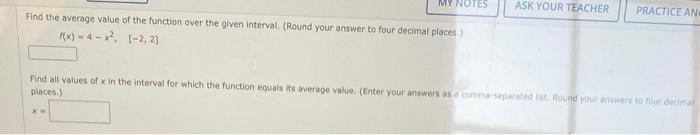 Solved Find the average value of the function over the given | Chegg.com