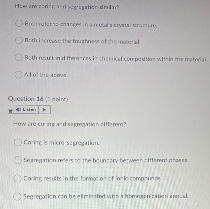 Solved How are coring and segregation similar? Both refer to | Chegg.com