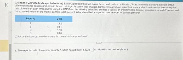 Solved (Using the CAPM to find expected returns) Sante | Chegg.com