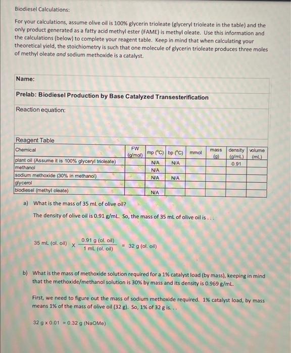 Solved Biodiesel Calculations: For your calculations, assume | Chegg.com