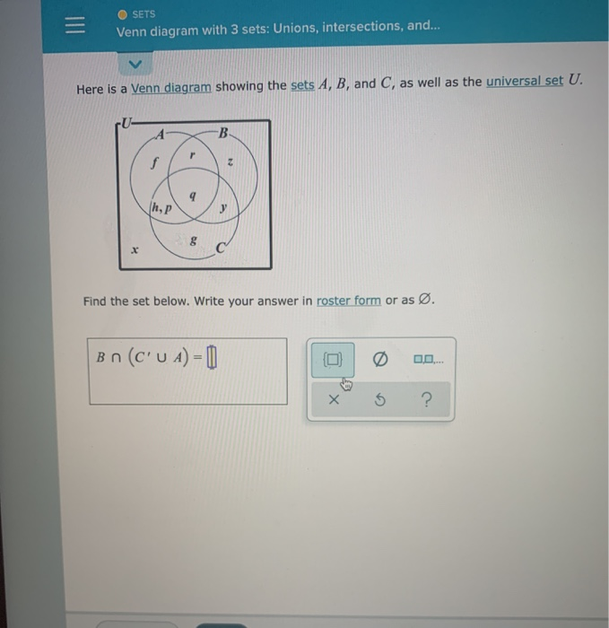 Solved SETS Venn diagram with 3 sets: Unions, intersections, | Chegg.com