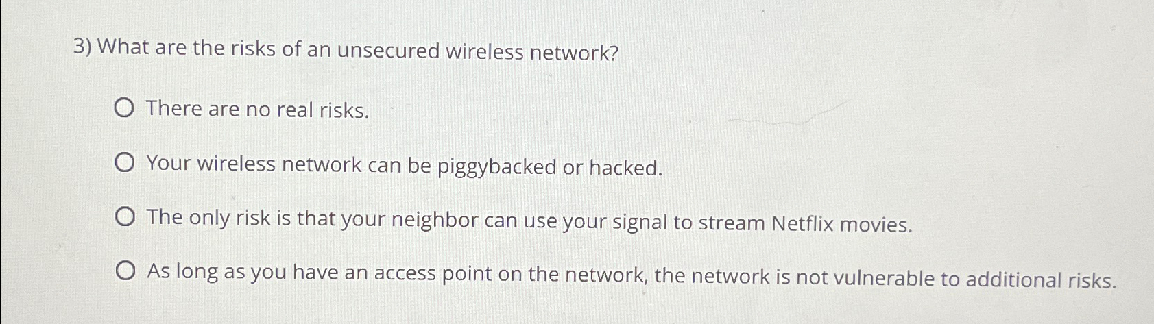 Solved What are the risks of an unsecured wireless | Chegg.com