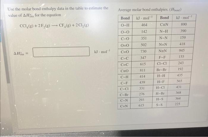 Solved Use the molar bond enthalpy data in the table to | Chegg.com