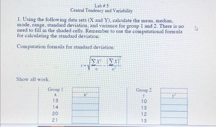 Solved 1. Using the following data sets (X and Y), calculate | Chegg.com