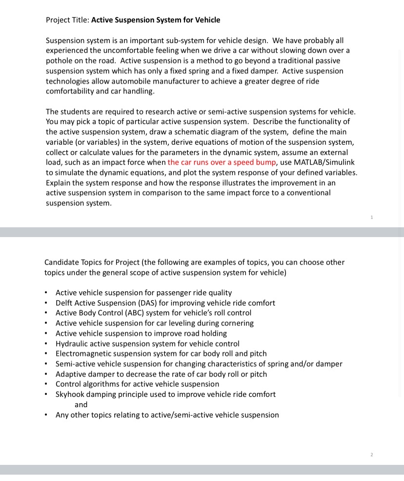 Solved Project Title: Active Suspension System for | Chegg.com