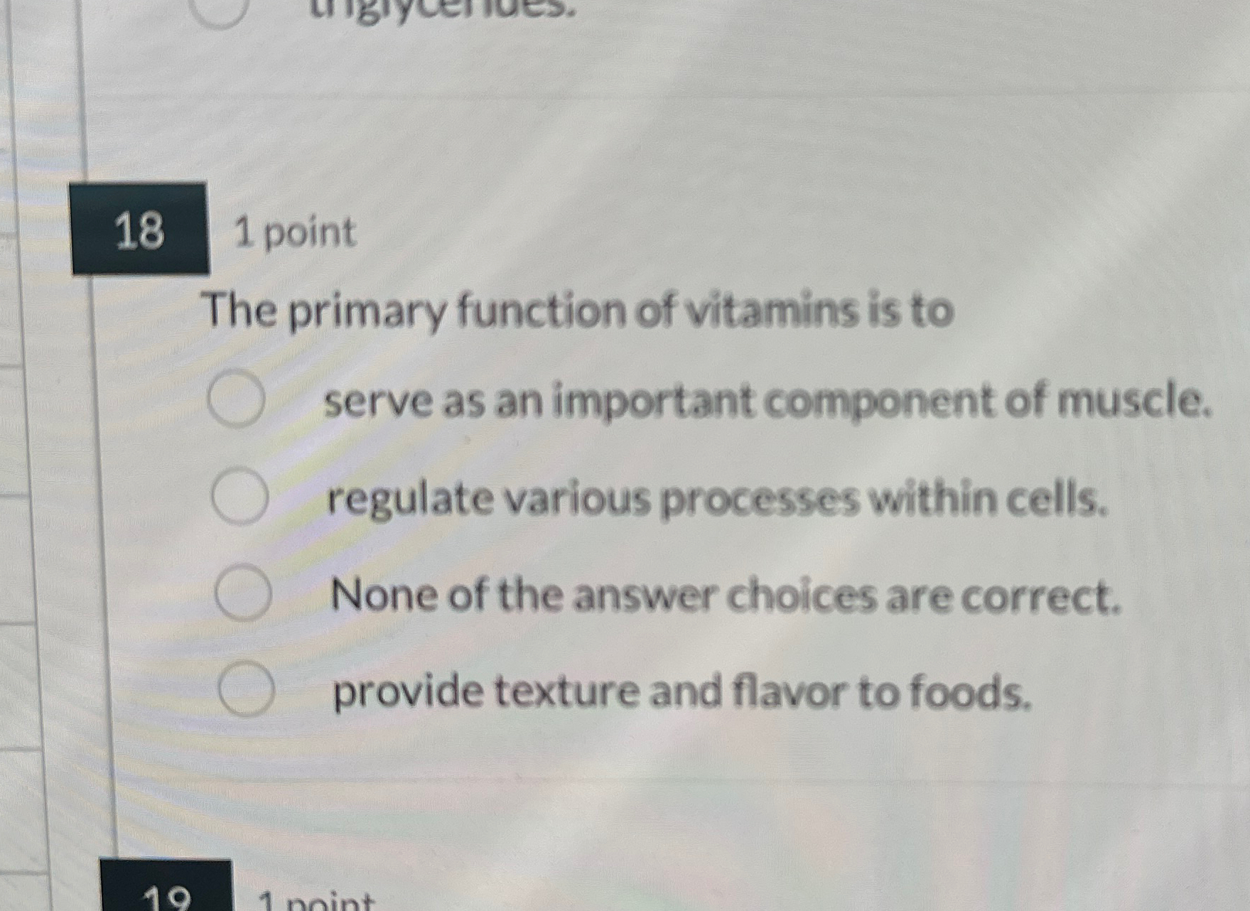 Solved 1 ﻿pointThe primary function of vitamins is toserve | Chegg.com