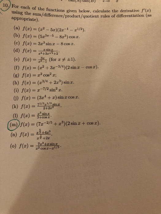 Solved 10./For each of the functions given below, calculate | Chegg.com